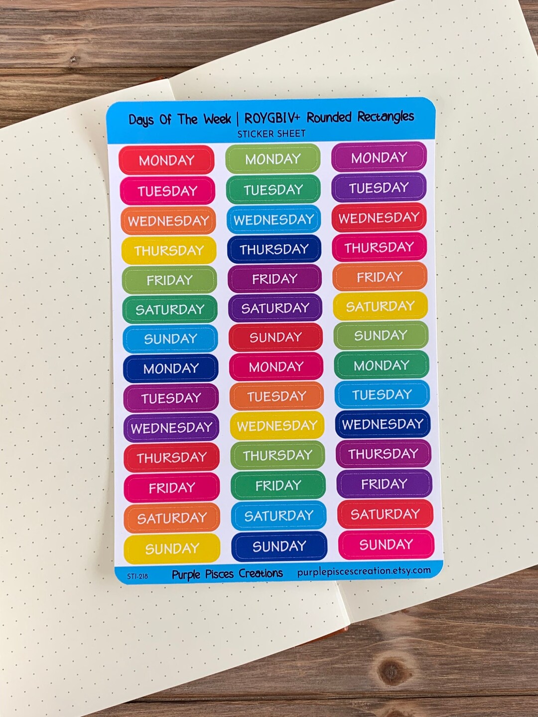 Days of the Week ROYGBIV Theme Rounded Rectangles Sticker Sheet 6 Weeks ...