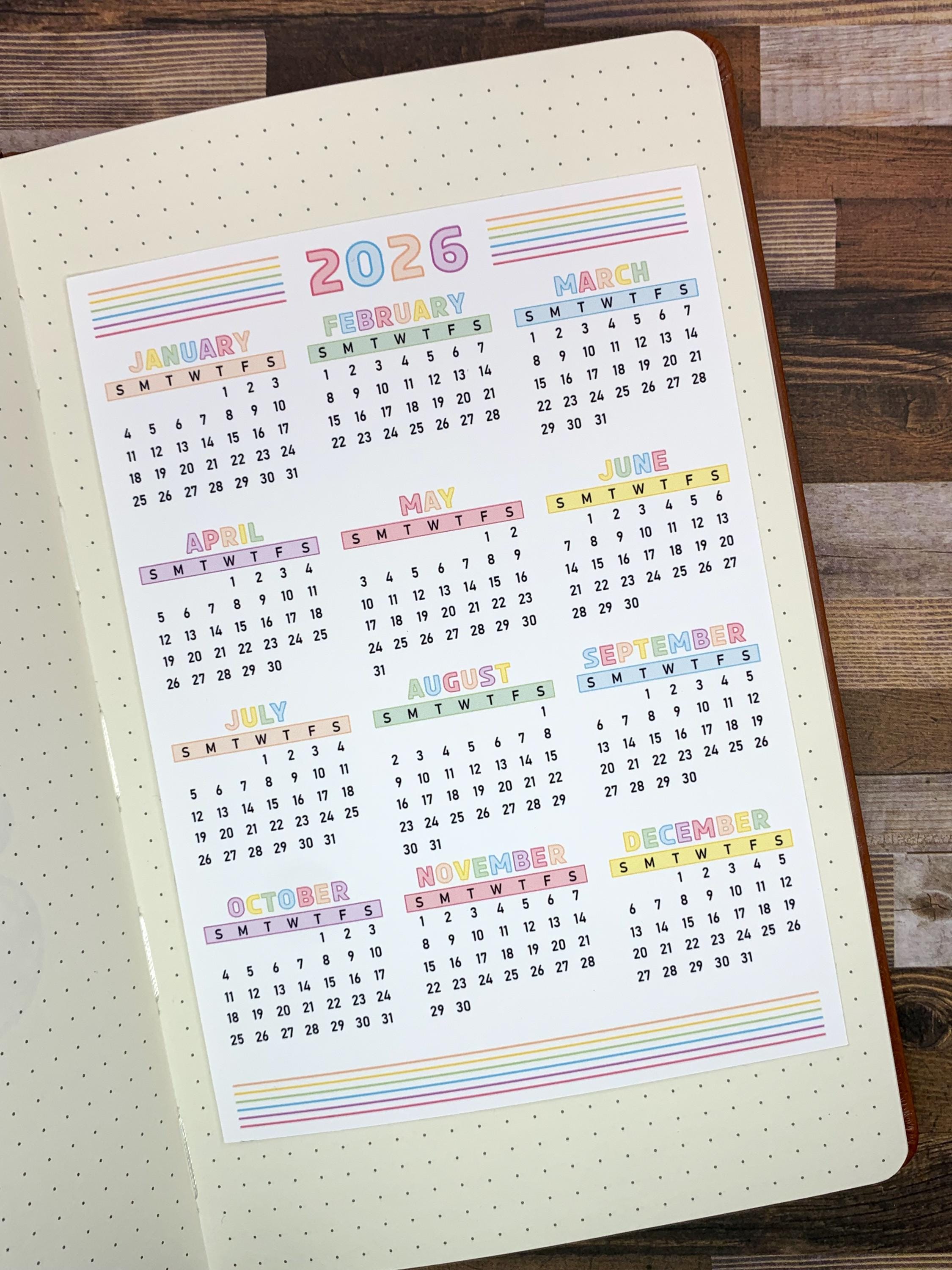 2026 Pastel Rainbow Calendar Sticker 4.5"w X 6.25"h | 1 Large Sticker ...