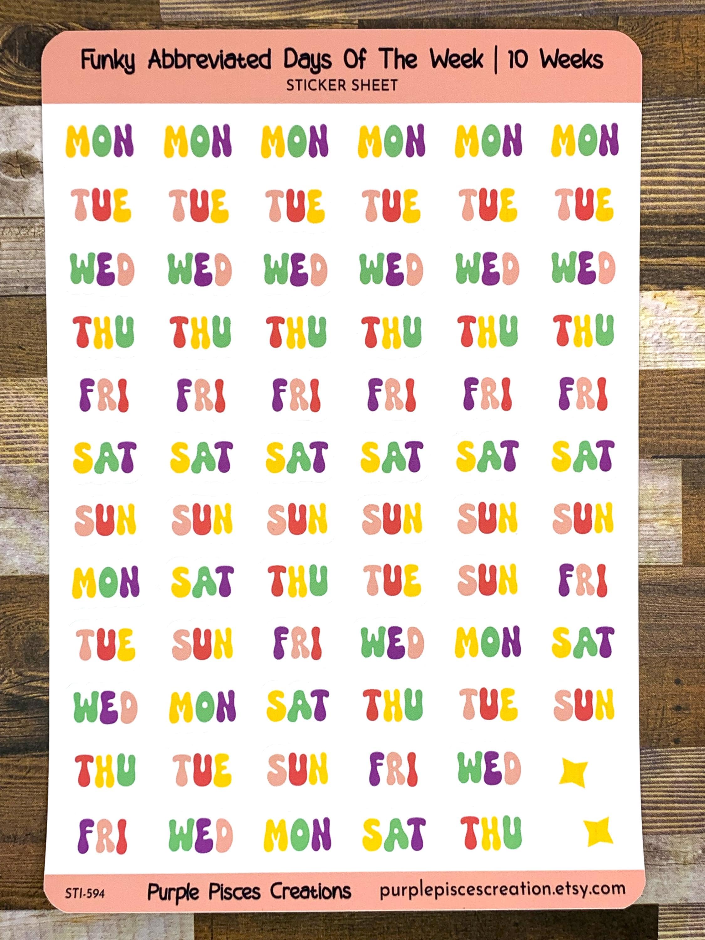 Abbreviated Days of the Week Sticker Sheet | FUNKY Color Palette | 10 ...
