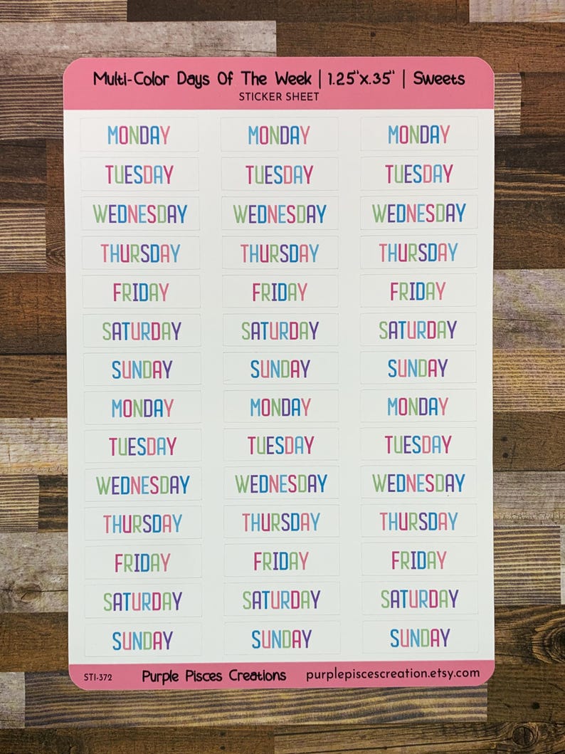 Multi-color Days of the Week Sticker Sheet | Choose From 5 Color ...