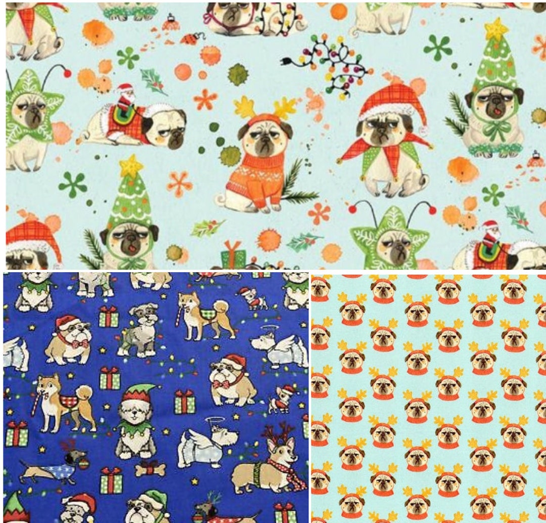Bah Hum Pug Fabric Pug Cotton Fabric / Christmas Dog Print / Sewing ...
