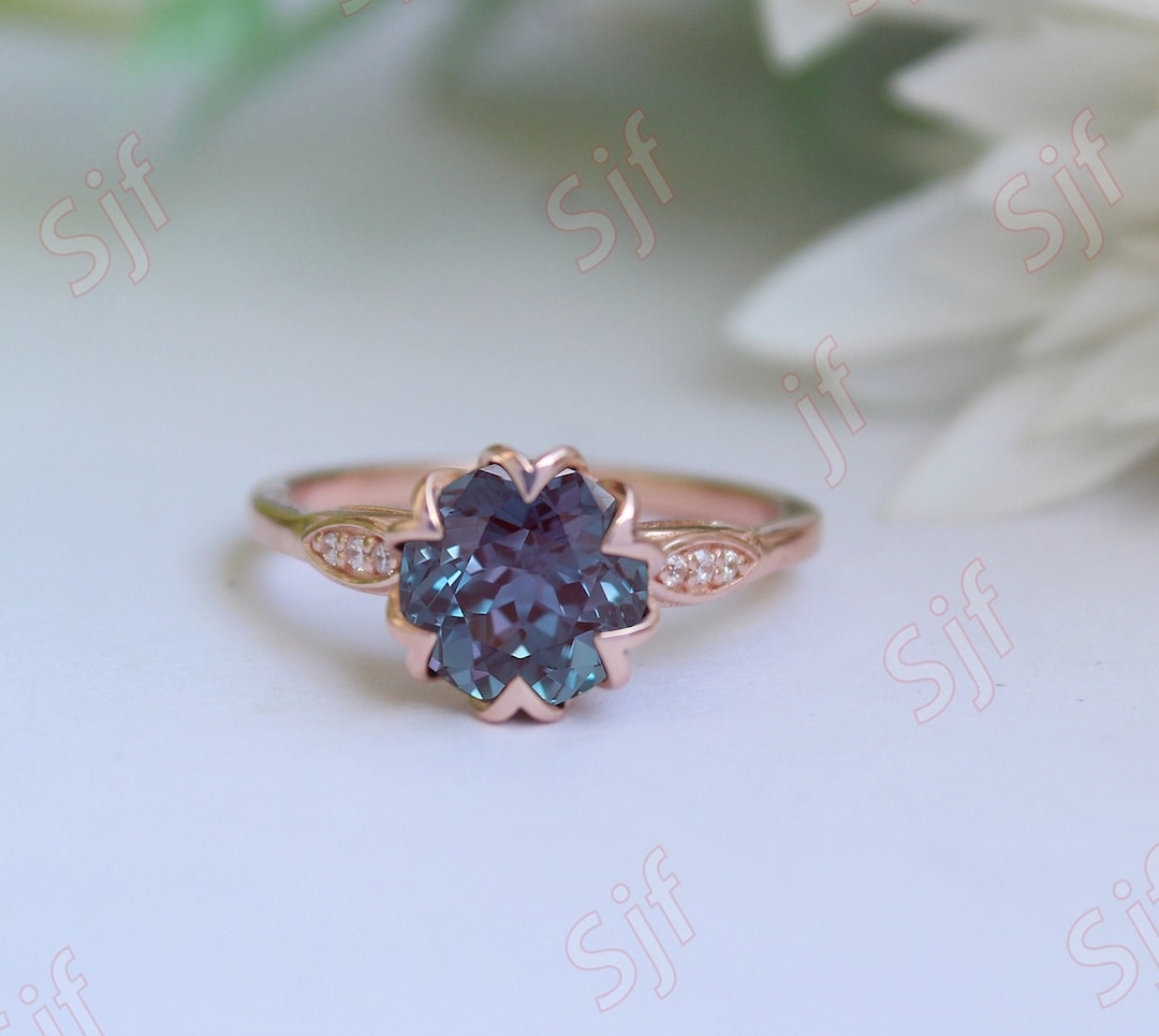 Color Change Alexandrite Engagement Ring, Vintage Art Deco Lotus Ring ...