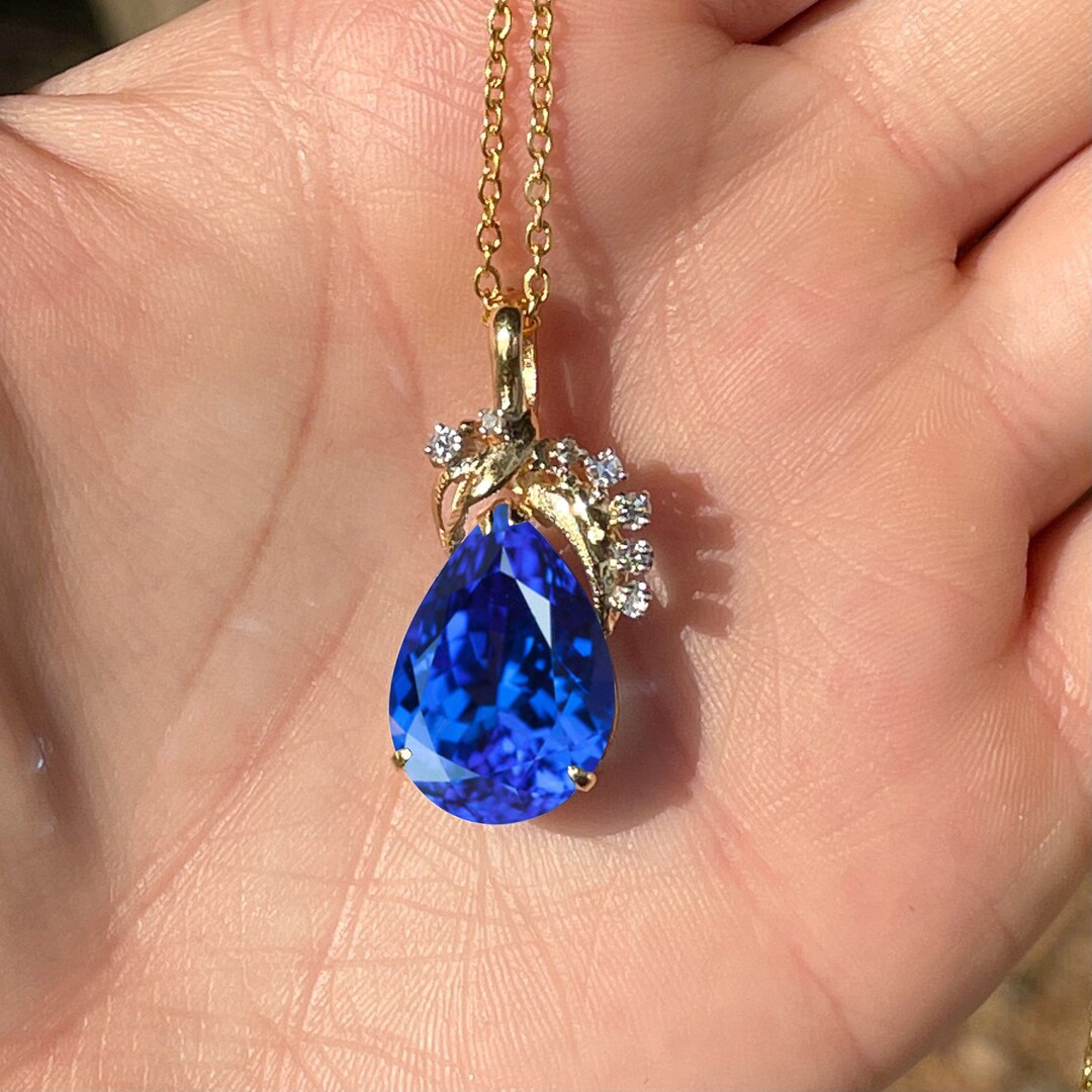 AAA+ Violet Natural Blue Tanzanite Gold Pendant, 18inch Cable Chain ...