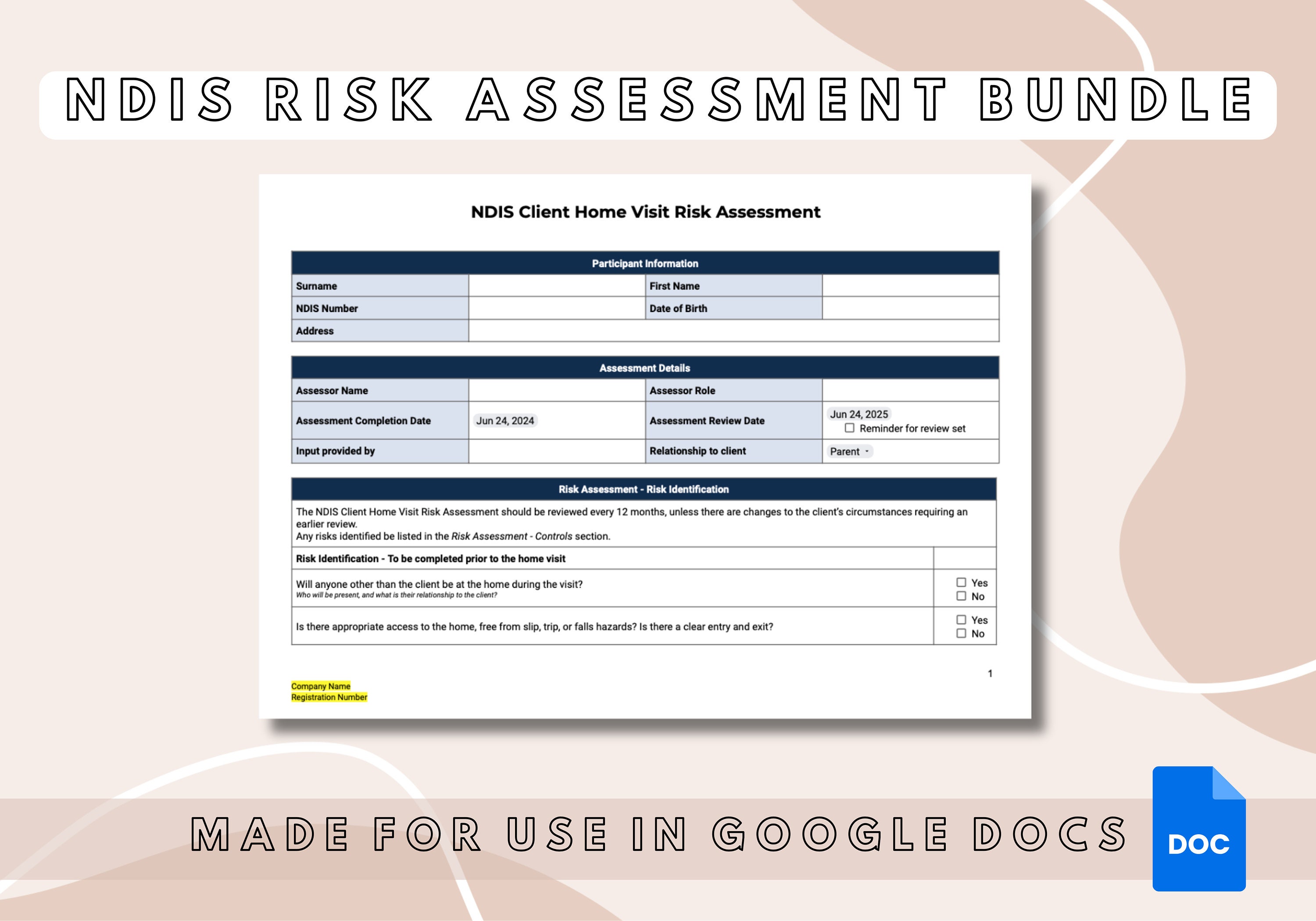 NDIS Client Risk Assessment Template, Home Risk Assessment, Disability Service Provider ...