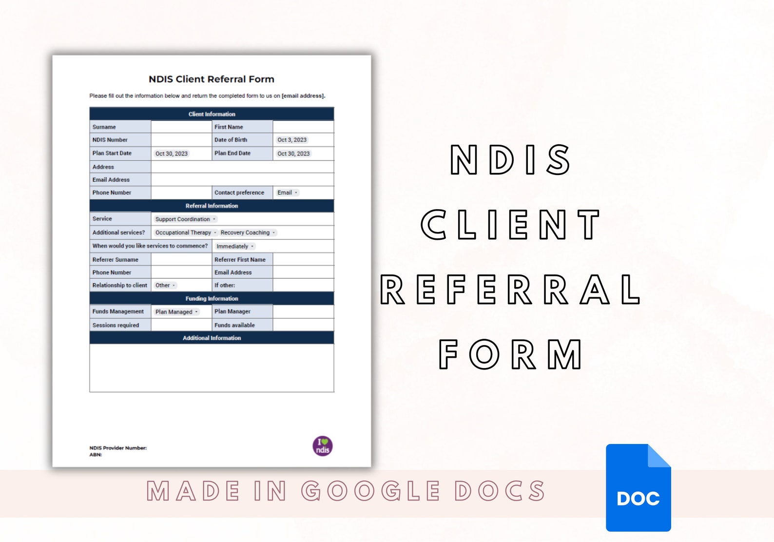 NDIS Client Referral Form, NDIS Intake, Disability Service Provider ...