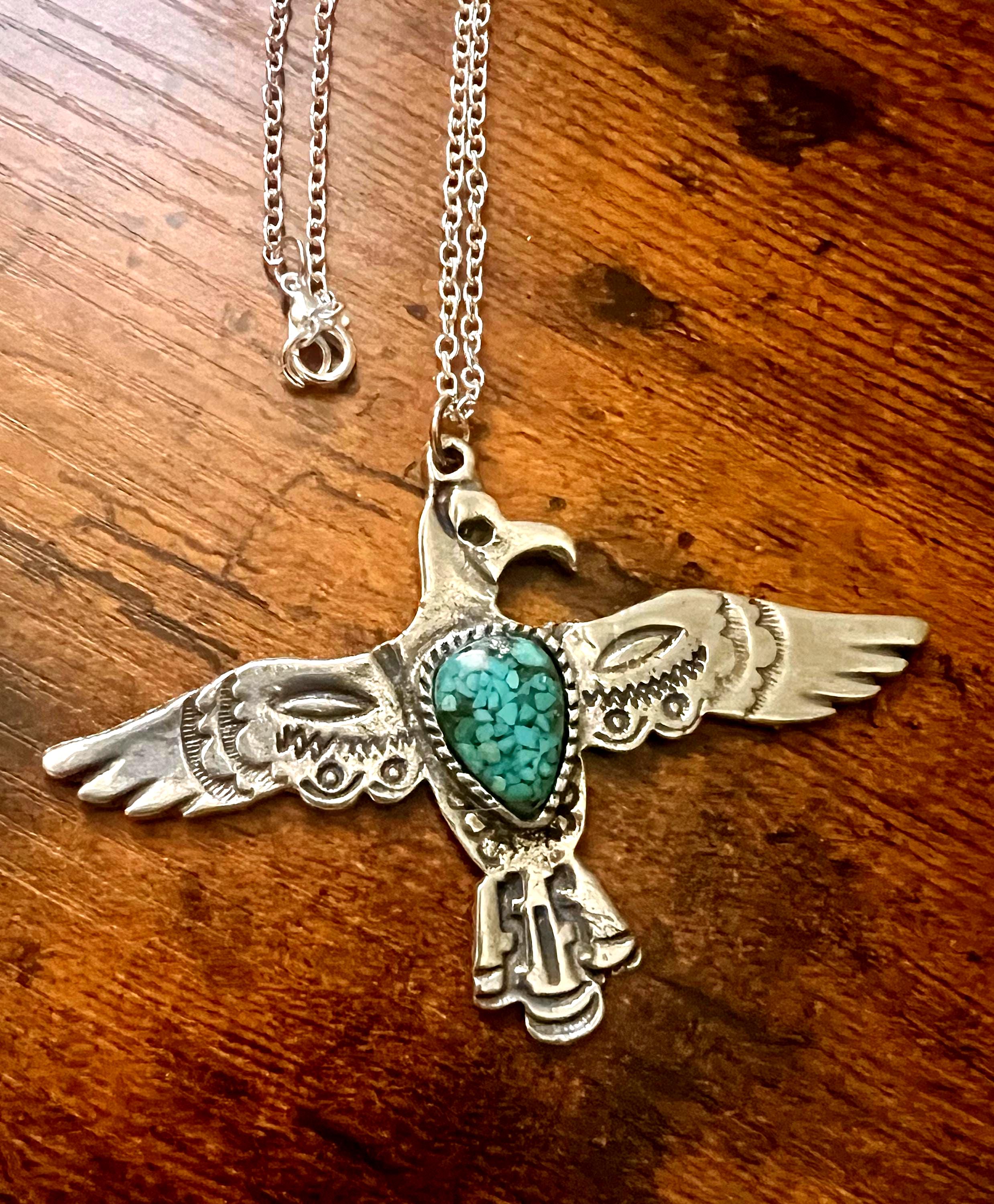 Pewter Thunderbird Necklace, Genuine Turquise Inlay, Hand-cast Pewter ...