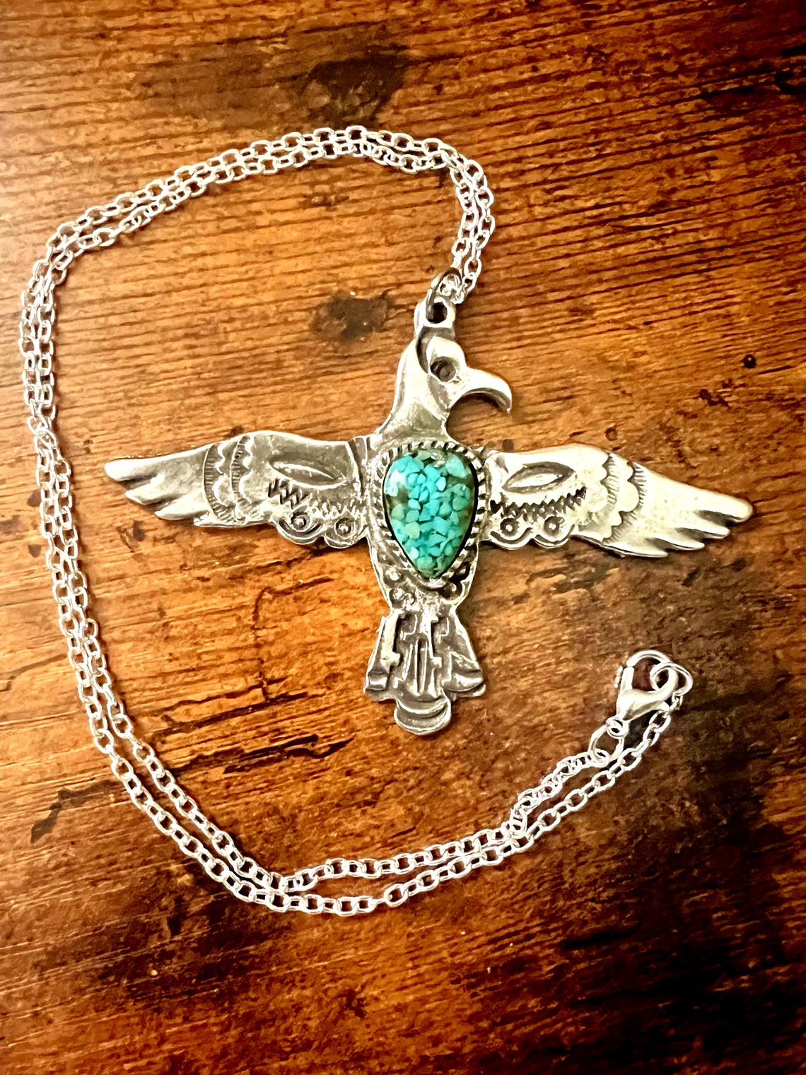 Pewter Thunderbird Necklace, Genuine Turquise Inlay, Hand-cast Pewter ...