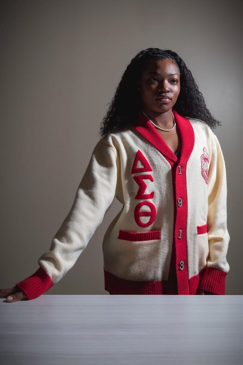 Delta Sigma Theta Embroidered Cardigan – Cream Crimson Sorority Sweater ...