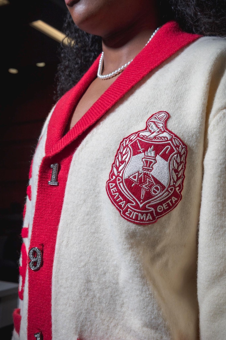 Delta Sigma Theta Embroidered Cardigan – Cream Crimson Sorority Sweater ...