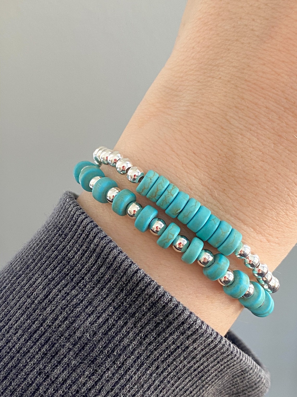 Turquoise Heishi Bracelet, Turquoise and Silver Bead Bracelet, Silver Beaded Turquoise Bracelet ...