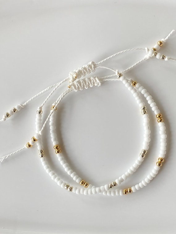 White Beaded Bracelet Sliding Knot Bracelet Dainty Bead | Etsy