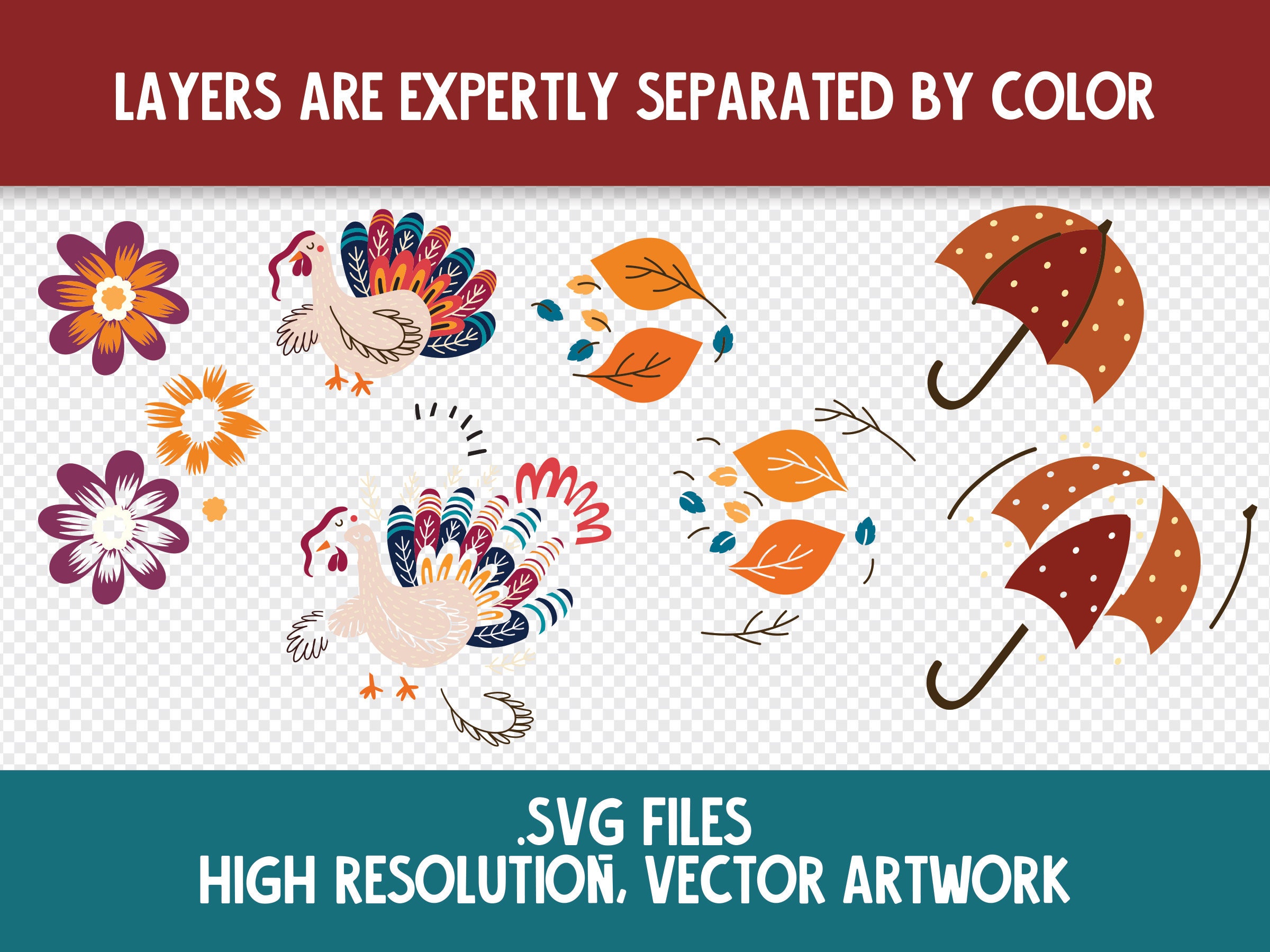 Fall & Thanksgiving Clip Art - SVG Files - Words Typography Turkey ...