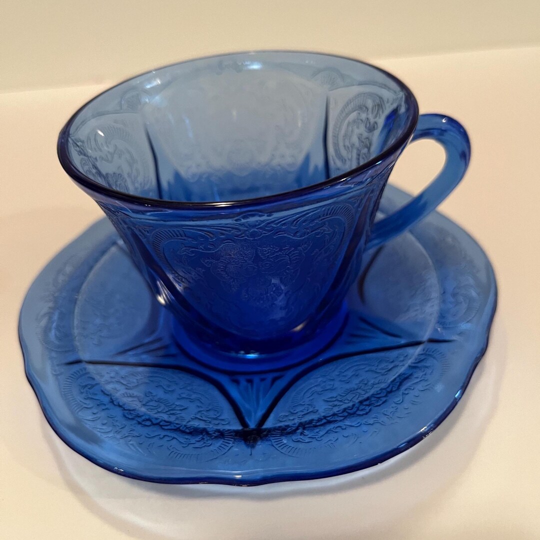 Vintage Royal Lace Cobalt Blue Glass Cup and Saucer by Hazel Atlas C ...