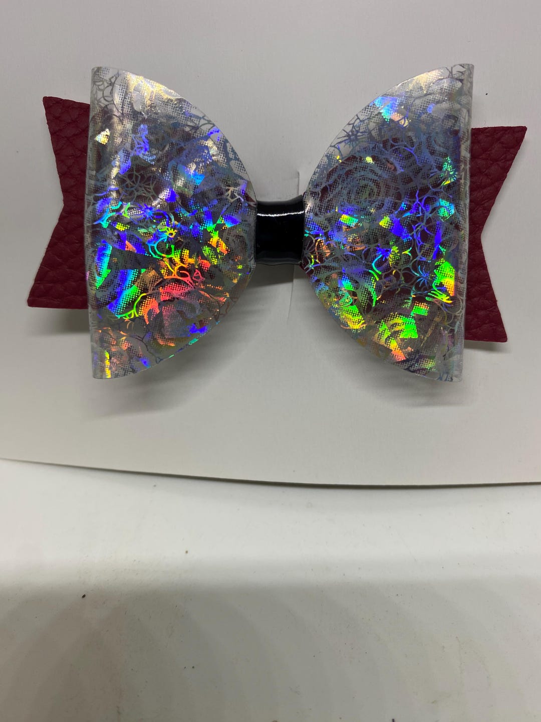 Handcrafted Hair Bow Medium Faux Leather PVC Red Hologram Roses Hair ...