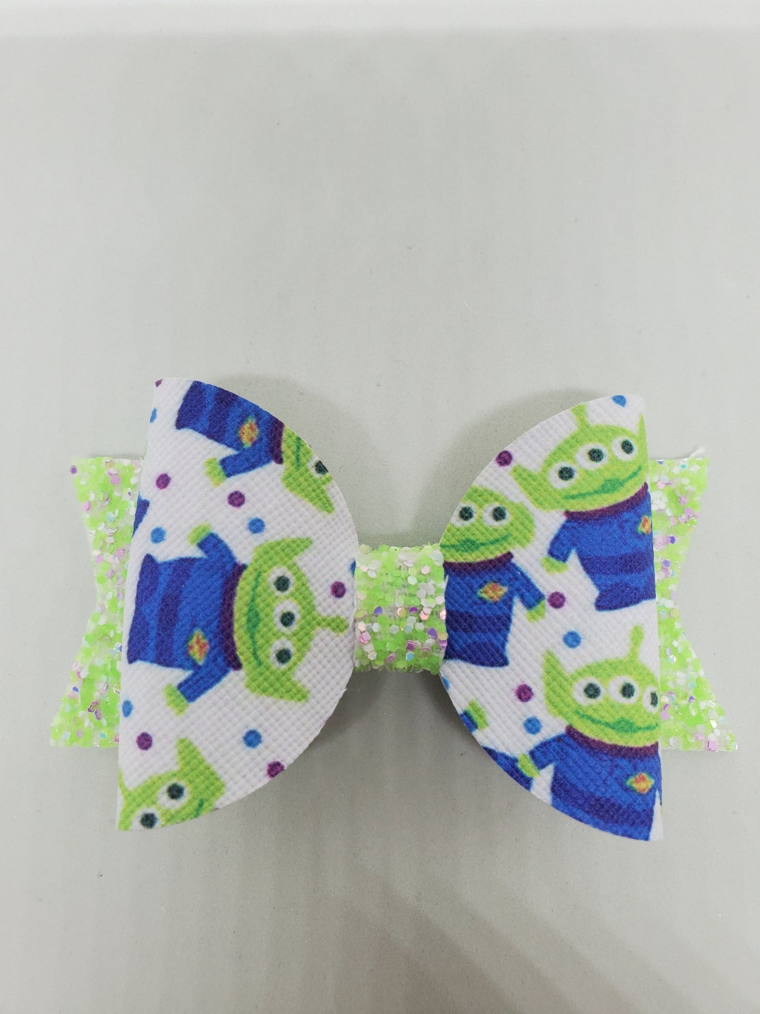 Handcrafted Hair Bow Medium Animated Alien Green Glitter Faux Leather ...