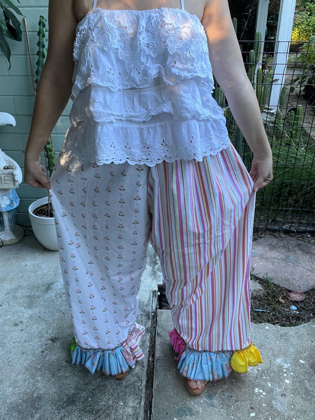 Floral and Striped Wide Leg Ruffle Bottom Pants Upcycled Sheets - Etsy