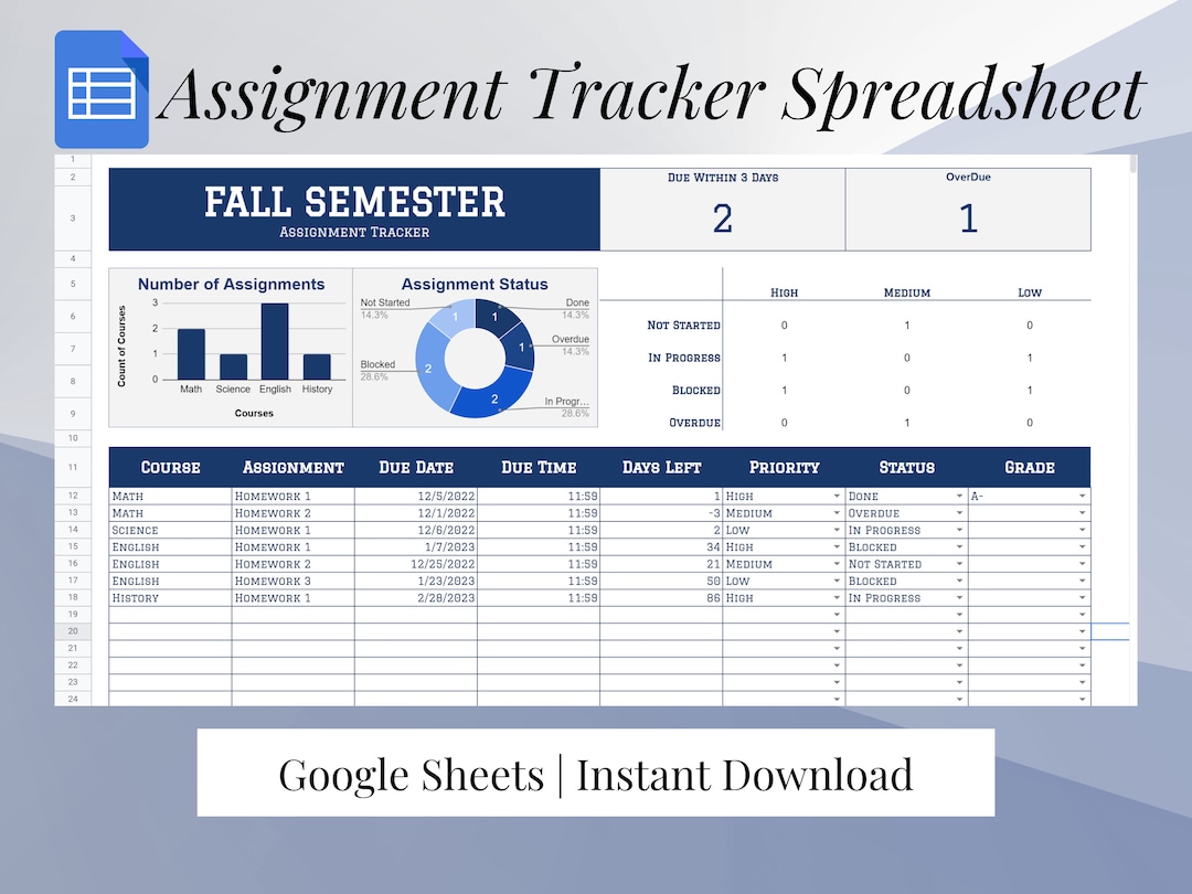 Assignment Tracker Google Sheets - Assignment Planner - Homework ...
