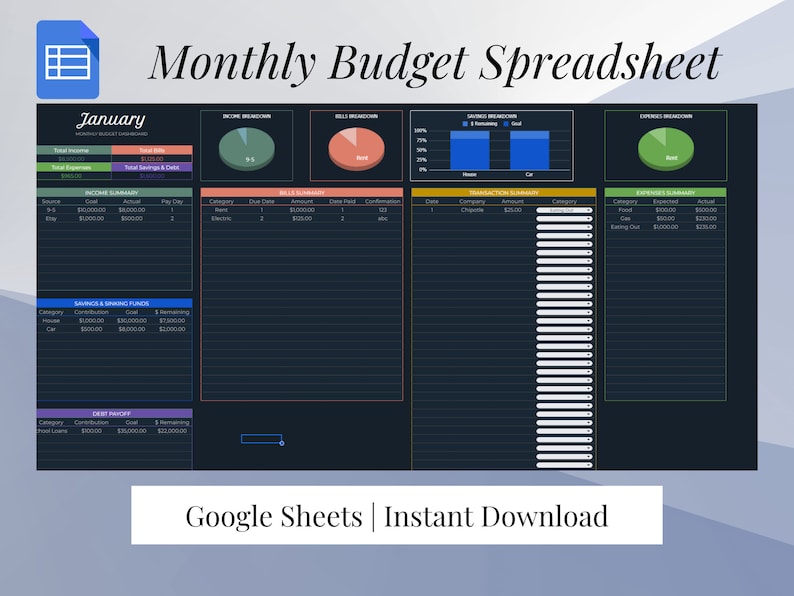 Dark Mode Monthly Budget Spreadsheet Google Sheets Template - Etsy