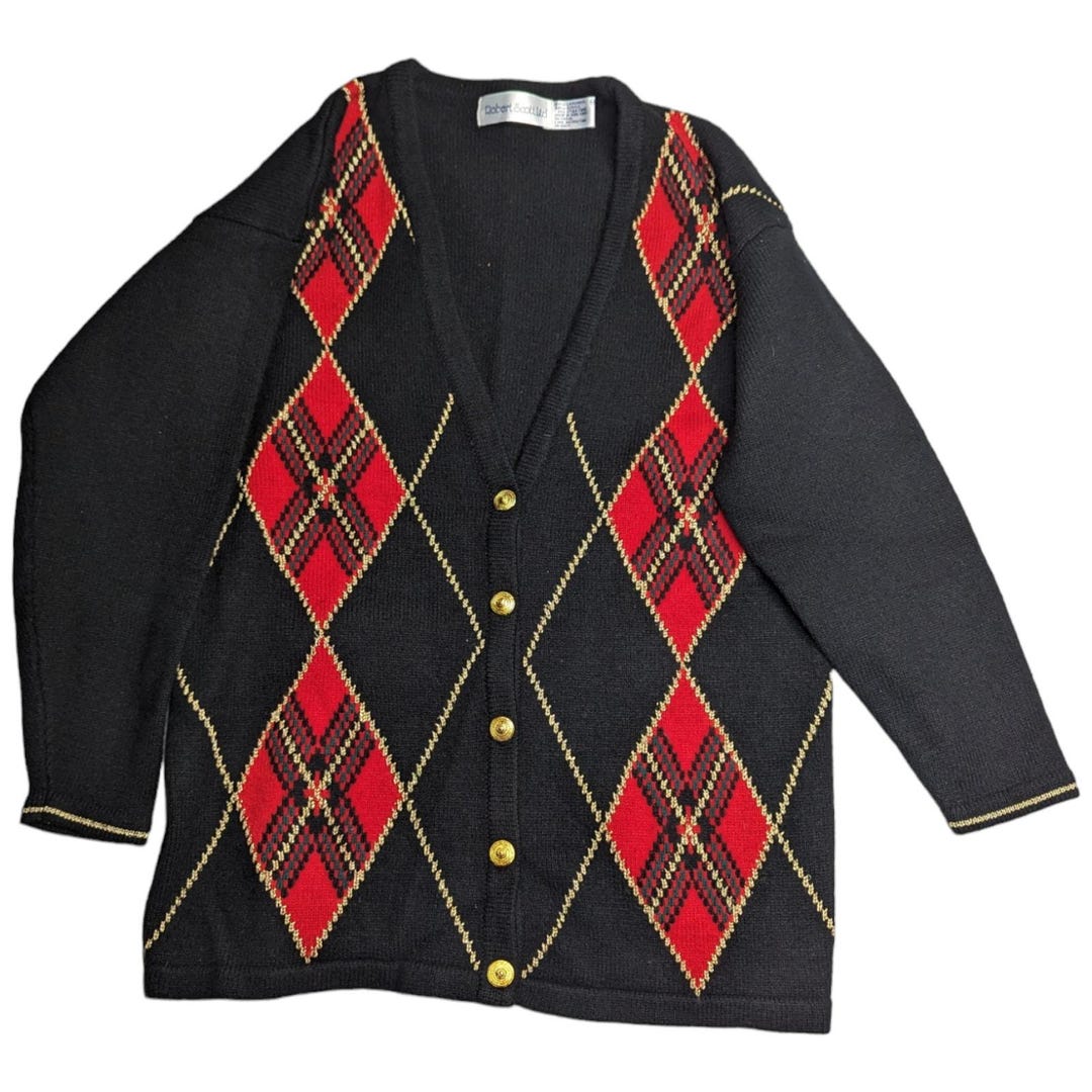 Vtg 1980s Robert Scott Black Red Argyle Wool Blend Button up V-neck ...