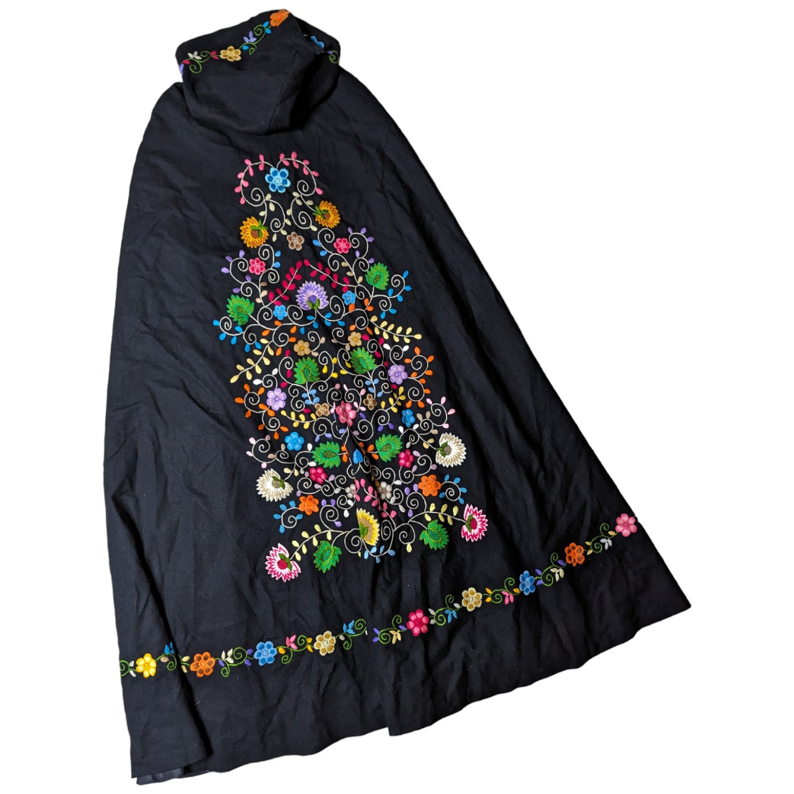 Vtg 1960s Black Heavy Wool Folk Art Floral Embroidered Hooded Cloak One ...