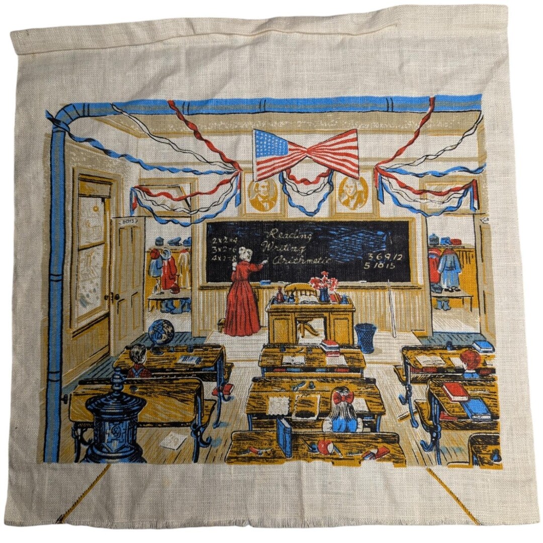 Vtg 1970s Classroom Scene Graphic Cotton Tea Towel Decorative Wall ...