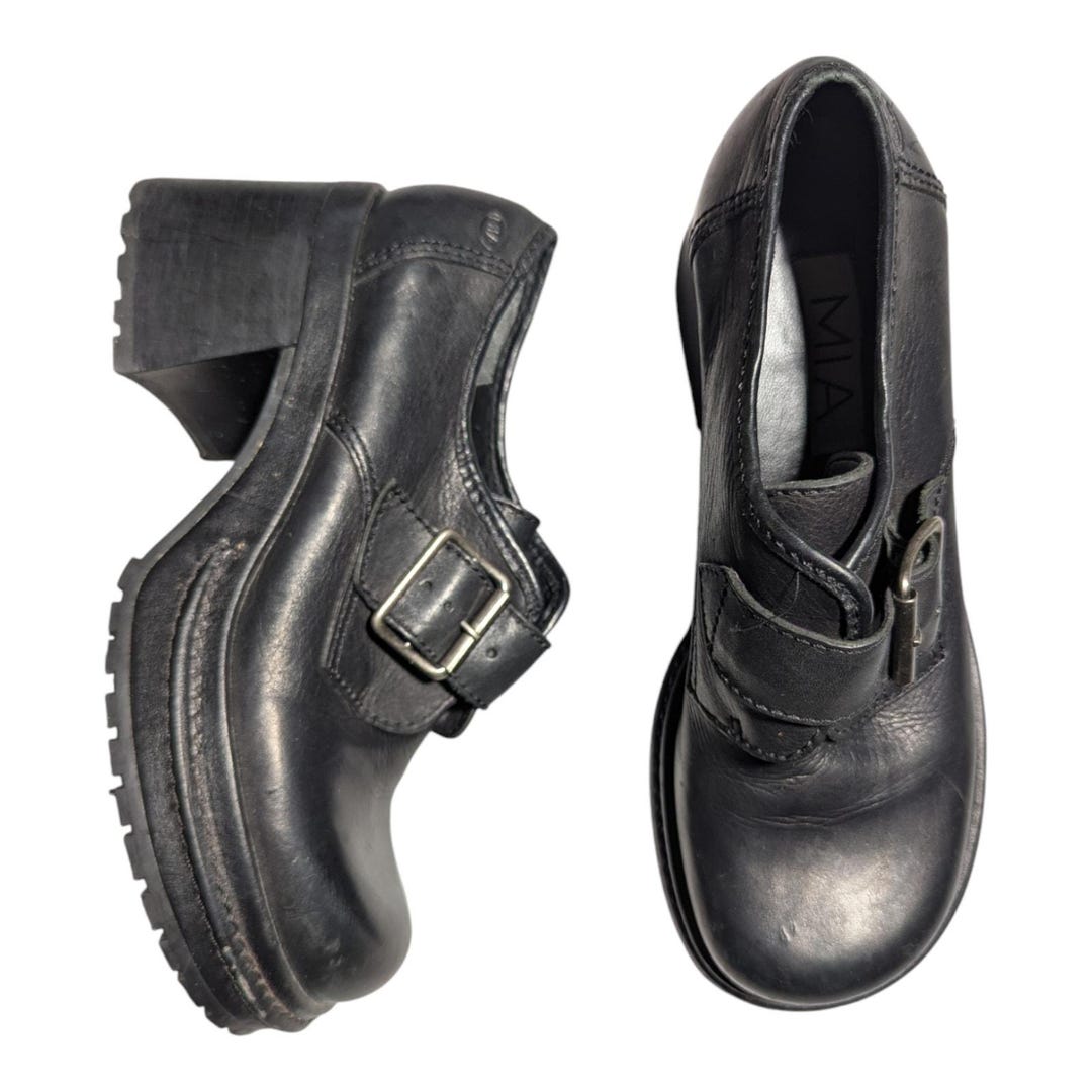 Vtg 1990s MIA Black Leather Buckling Monk Strap Chunky Block Heel ...