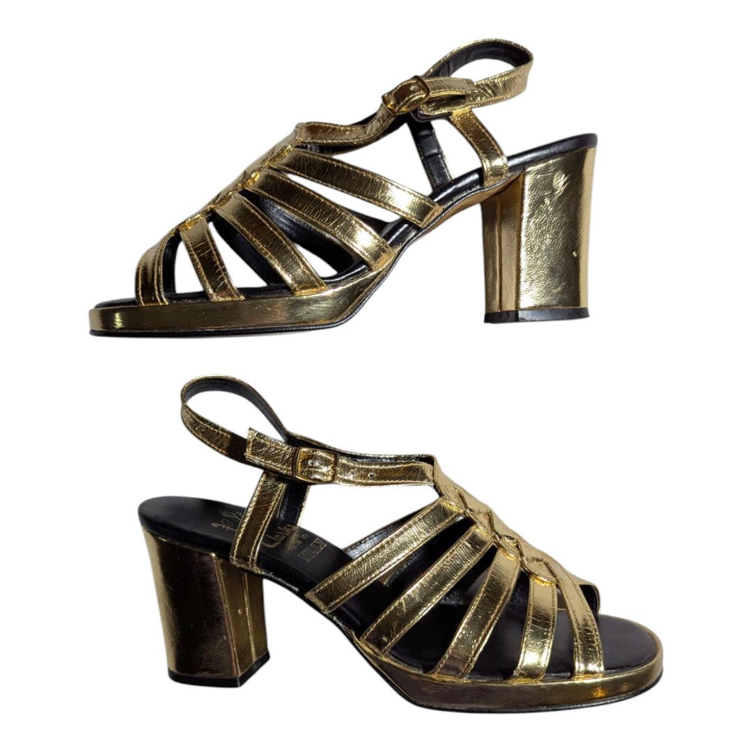 Vtg 1970s Clarks Gold Metallic Faux Leather Braided Strap Block Heel ...