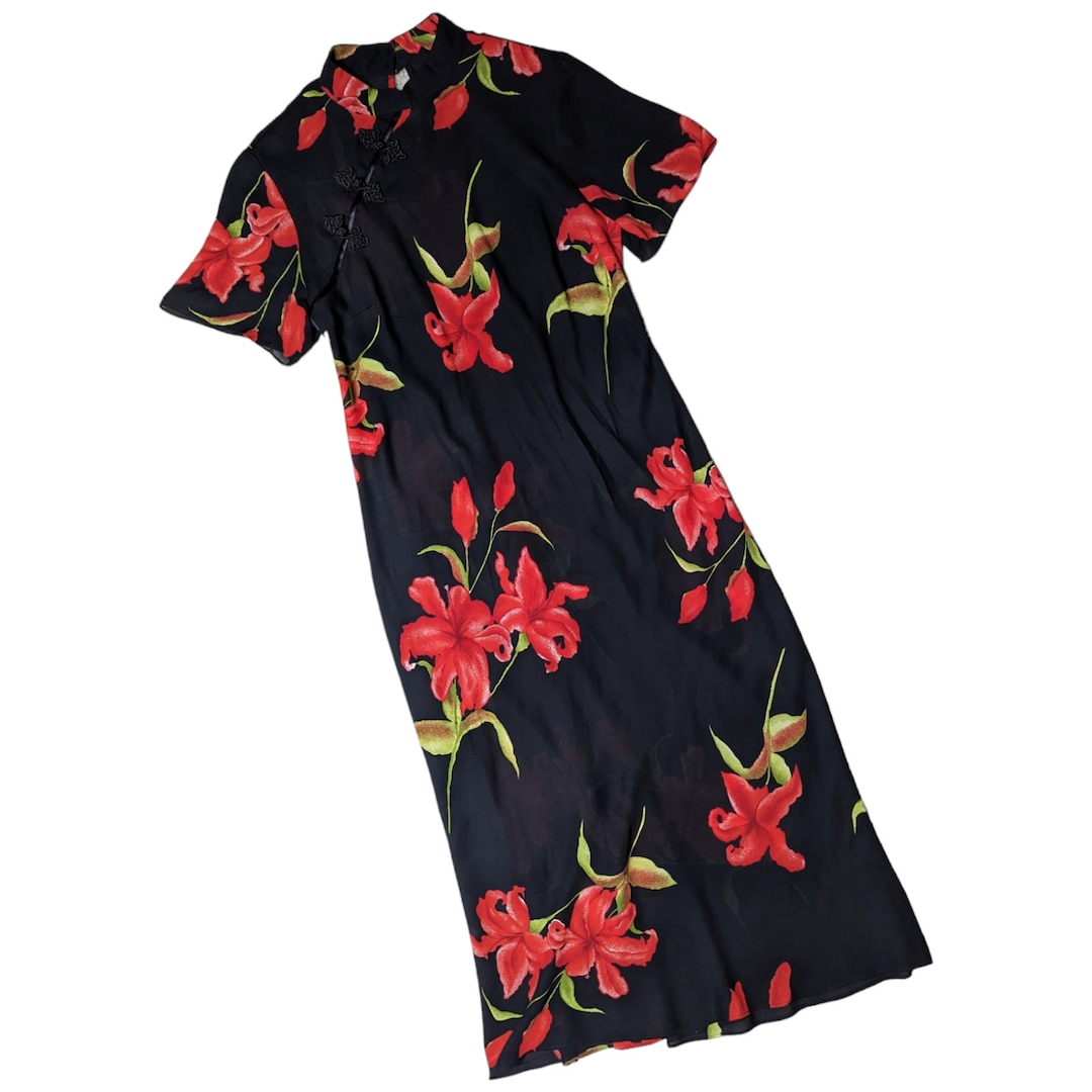 Vtg 1990s Black Sheer Chiffon Red Lily Floral Print Maxi Cheongsam ...