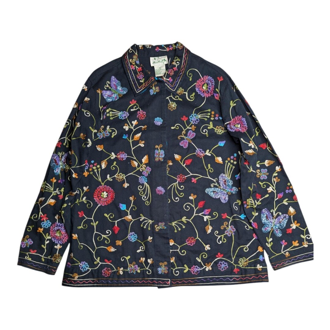 Vtg Y2K Quacker Factory Black Floral Butterfly Embroidered Bead Cotton ...