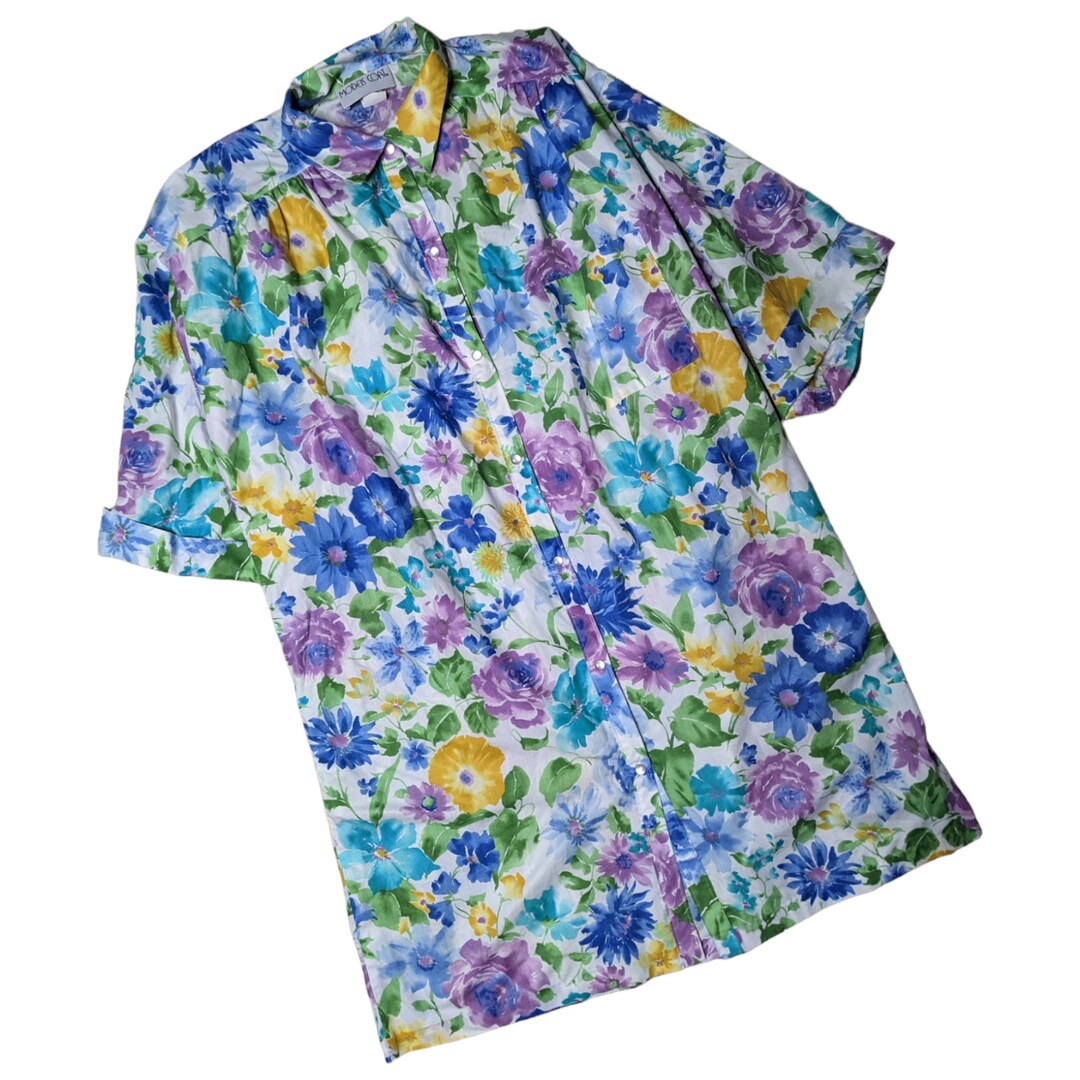 Vtg 1980s Models Coat Blue Floral Print Short Sleeve Snap Front House ...