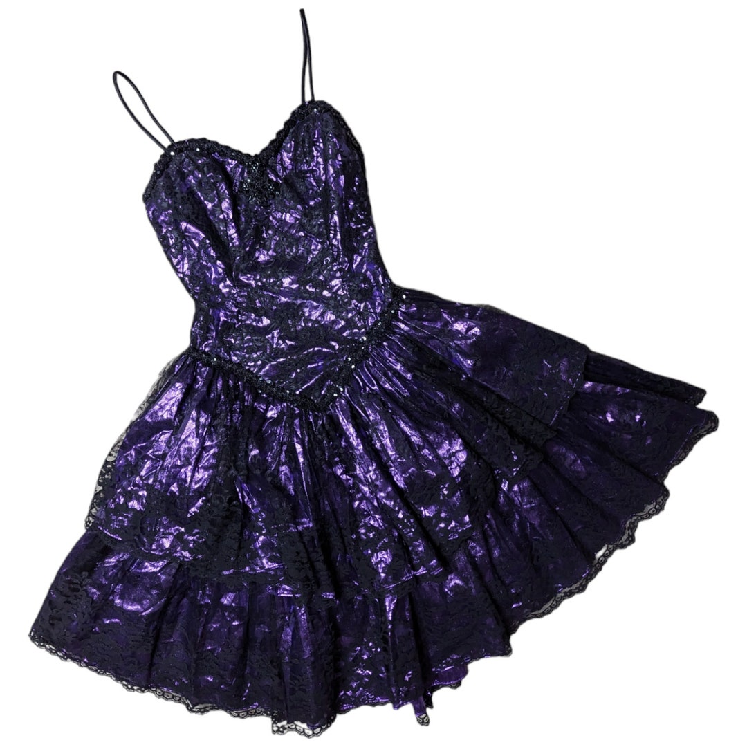 Vtg 1980s Loralie Black Lace Purple Metallic Embellished Goth Punk Prom ...