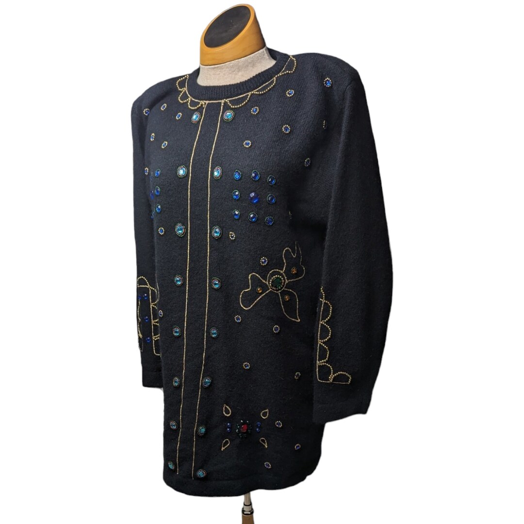 Vtg 1980s Carducci Black Angora Wool Blend Embellished Mini Sweater ...