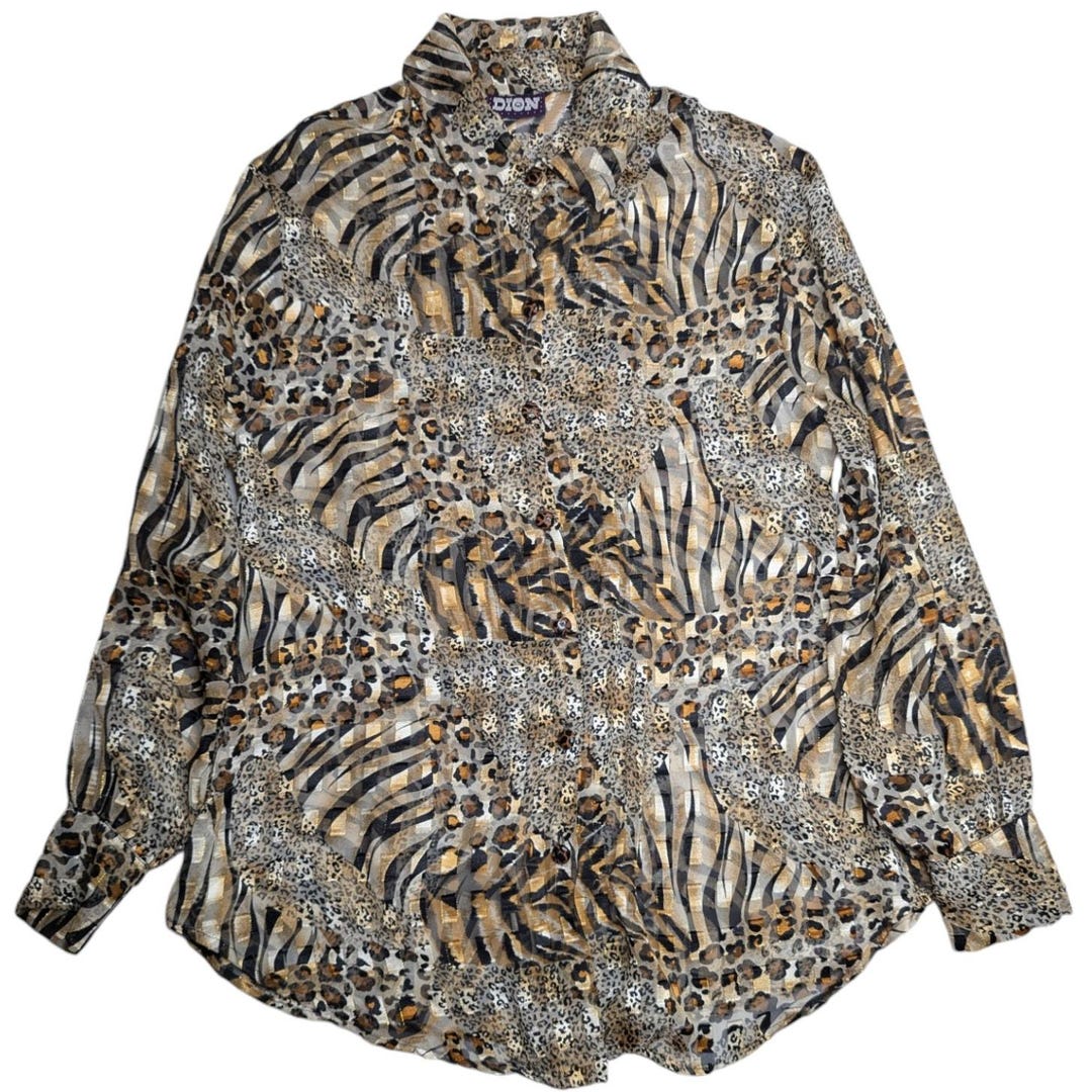 Vtg 1980s Dion Tan Black Sheer Textured Leopard Zebra Print Button up ...