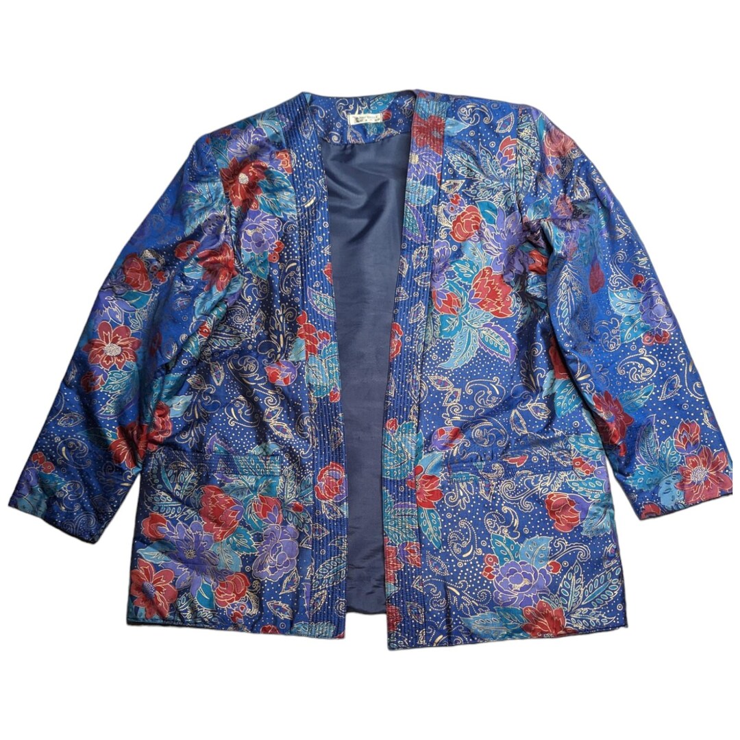 Vtg 1980s First Thai Silk Blue Gold Floral Print Open Front Blazer ...