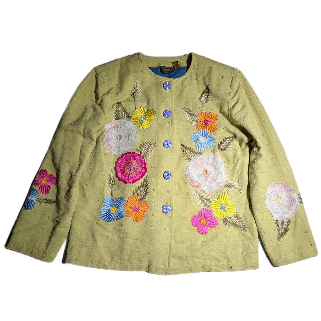 Vtg Y2K Allure Lime Green Swiss Dot Floral Applique Collarless Blazer ...