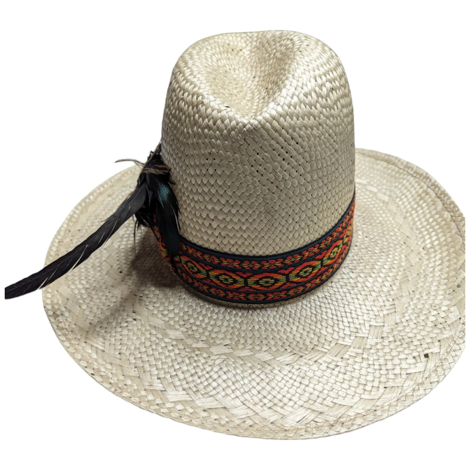 Vtg 1970s Bailey U-rollit Beige Woven Straw Tribal Band Tall Cowboy Hat ... Vtg 1970s Bailey U-rollit Beige Woven Straw Tribal Band Tall Cowboy Hat ...