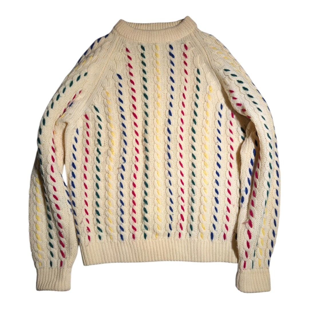 Vtg 1970s Cisco Ivory Rainbow Chunky Knit 100% Wool Fisherman Sweater ...