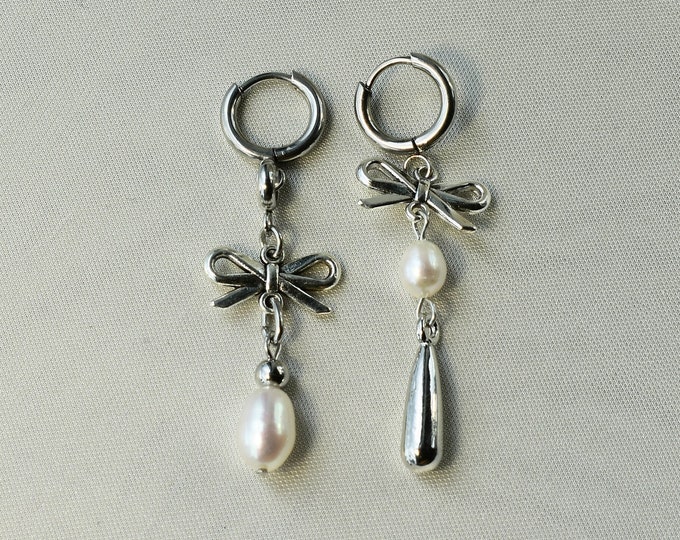 Romantic Earrings | Hypoallergenic Cute Coquette Pearl Grunge Alt Bow ...