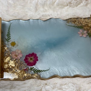 Light Blue Floral Resin Tray, Tray With Handles, Serving Tray, White ...
