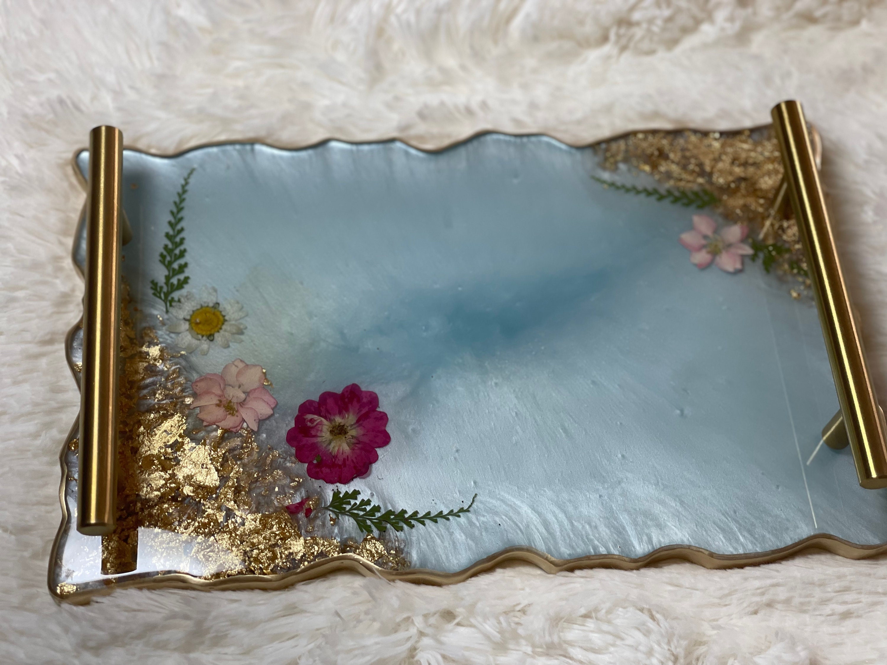 Light Blue Floral Resin Tray, Tray With Handles, Serving Tray, White ...