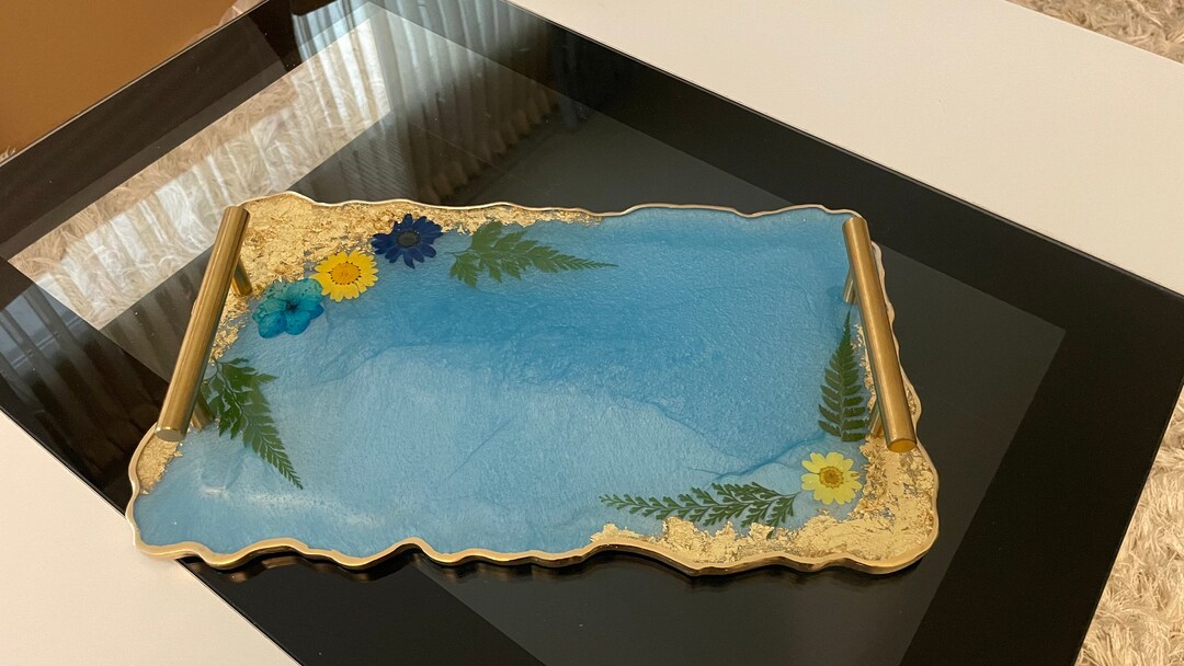 Light Blue Floral Resin Tray, Tray With Handles, Serving Tray, White ...