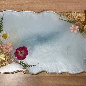 Light Blue Floral Resin Tray, Tray With Handles, Serving Tray, White ...