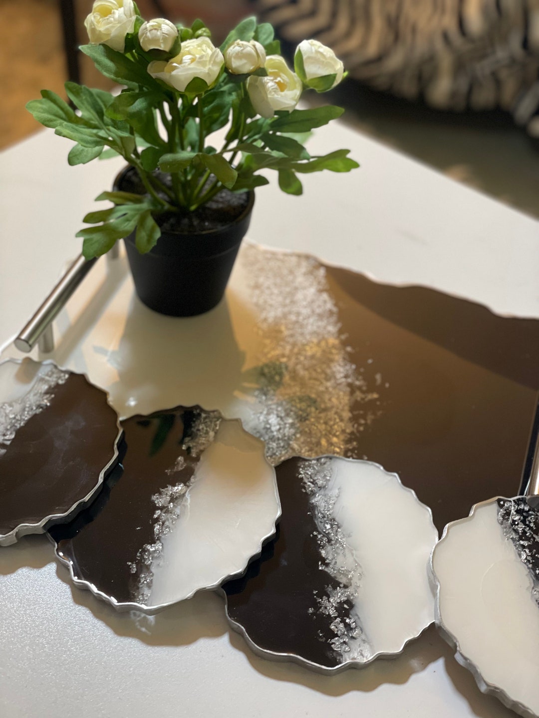 Black and White Tray With Coasters, Resin Tray With Handles, Serving ...