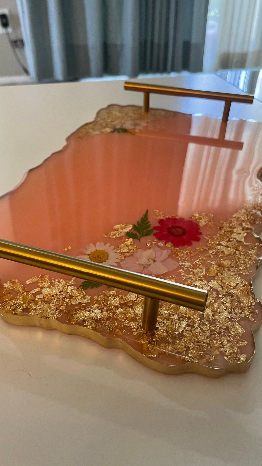 Floral Resin Tray, Tray With Handles, Serving Tray, White Sparkly Resin ...