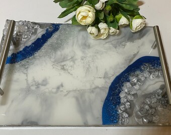 Light Blue Floral Resin Tray Tray With Handles Serving Tray - Etsy