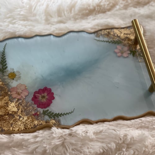 Light Blue Floral Resin Tray Tray With Handles Serving Tray - Etsy
