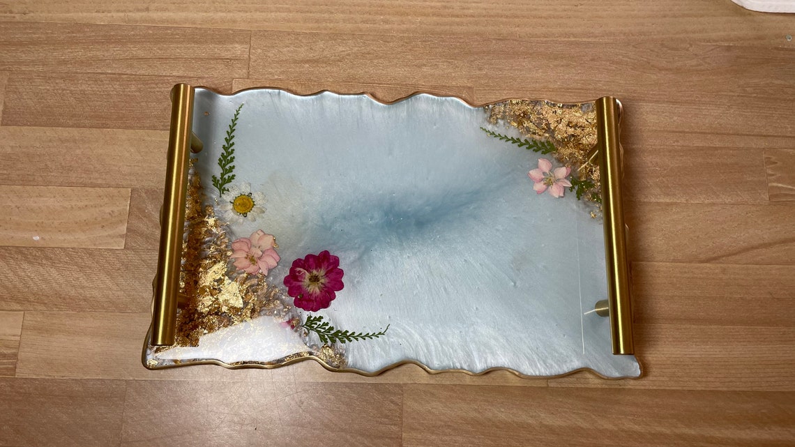 Light Blue Floral Resin Tray, Tray With Handles, Serving Tray, White ...