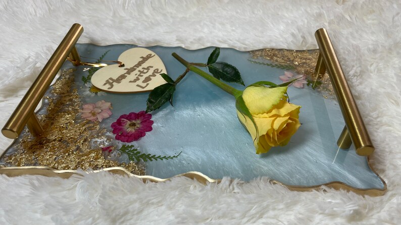 Light Blue Floral Resin Tray Tray With Handles Serving Tray - Etsy