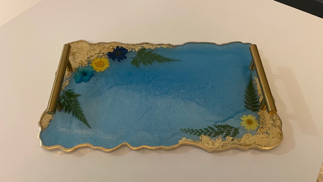 Light Blue Floral Resin Tray, Tray With Handles, Serving Tray, White ...