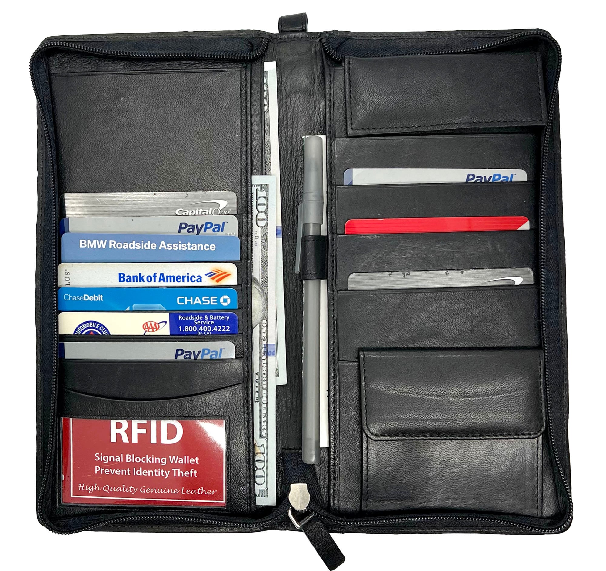 Black Leather Travel Wallet Passport Air Ticket Check ID Zip Around ...